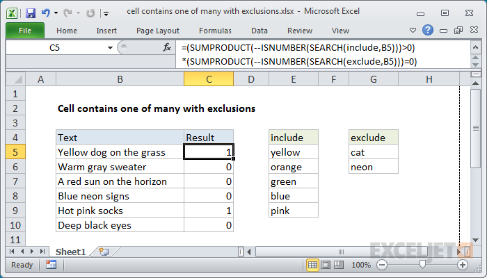 Cell contains one of many with exclusions - Excel formula | Exceljet